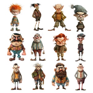 Whimsical Grumpy Men Clipart, Mixed Media Quirky Mad Man CU Clip Art ...