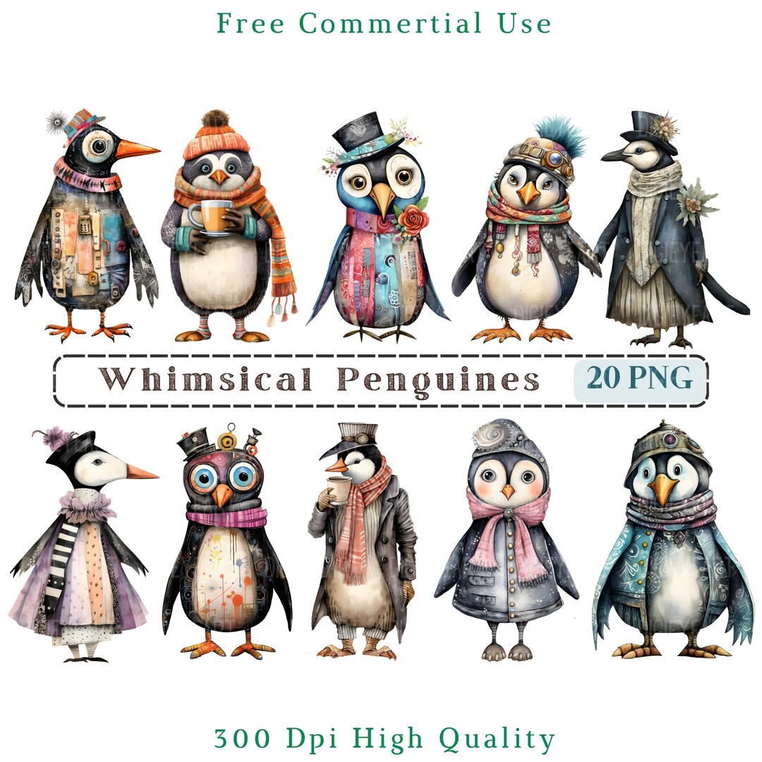 Whimsical Penguin Clipart, Quirky Penguin Bird Clip Art, Mixed Media ...