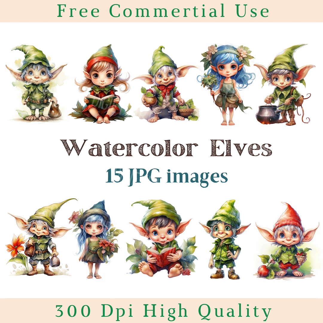 Watercolor Little Elves Clipart, Cute Elf Clip Art, Fairy Jpg, Forest ...