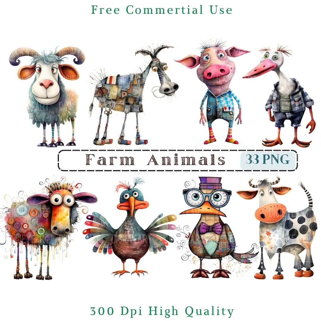 Whimsical Farm Animas Clipart, Mixed Media Quirky Animals CU Clip Art ...