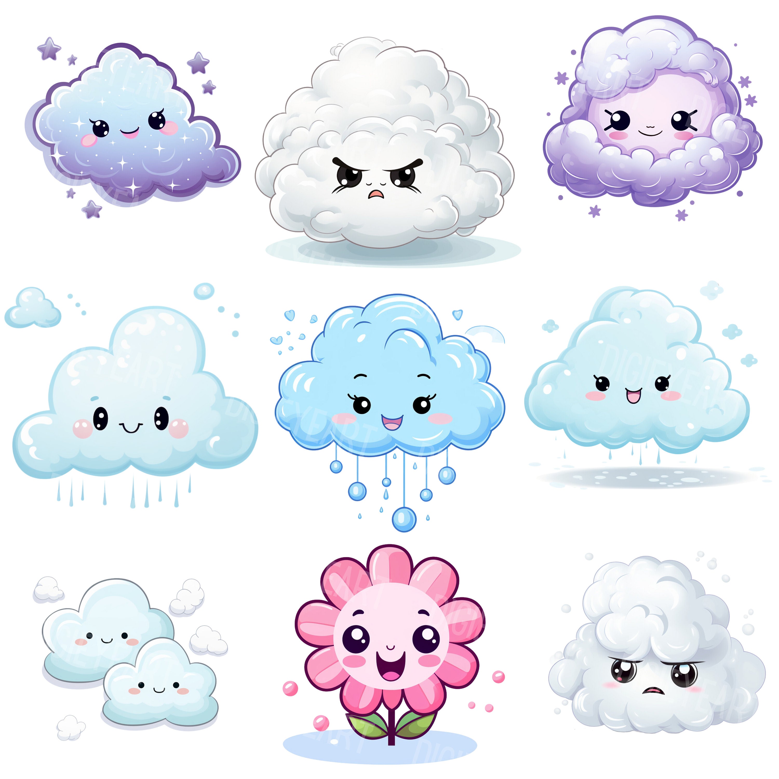Kawaii Nature Clipart Kawaii Weather Clip Art Sun & Clouds - Etsy