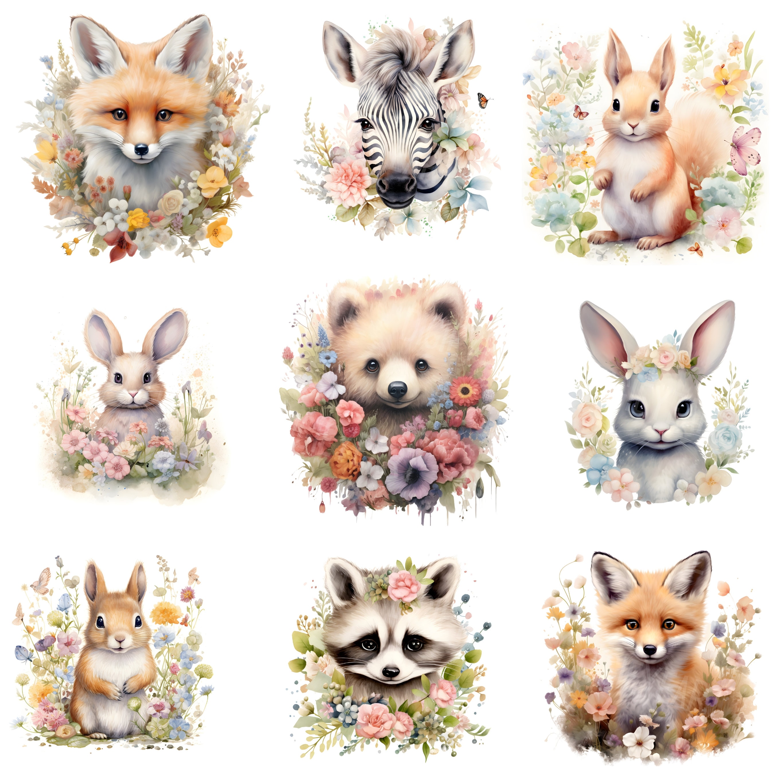 Watercolor Baby Animals Clipart Nursery Animal & Flowers Clip - Etsy