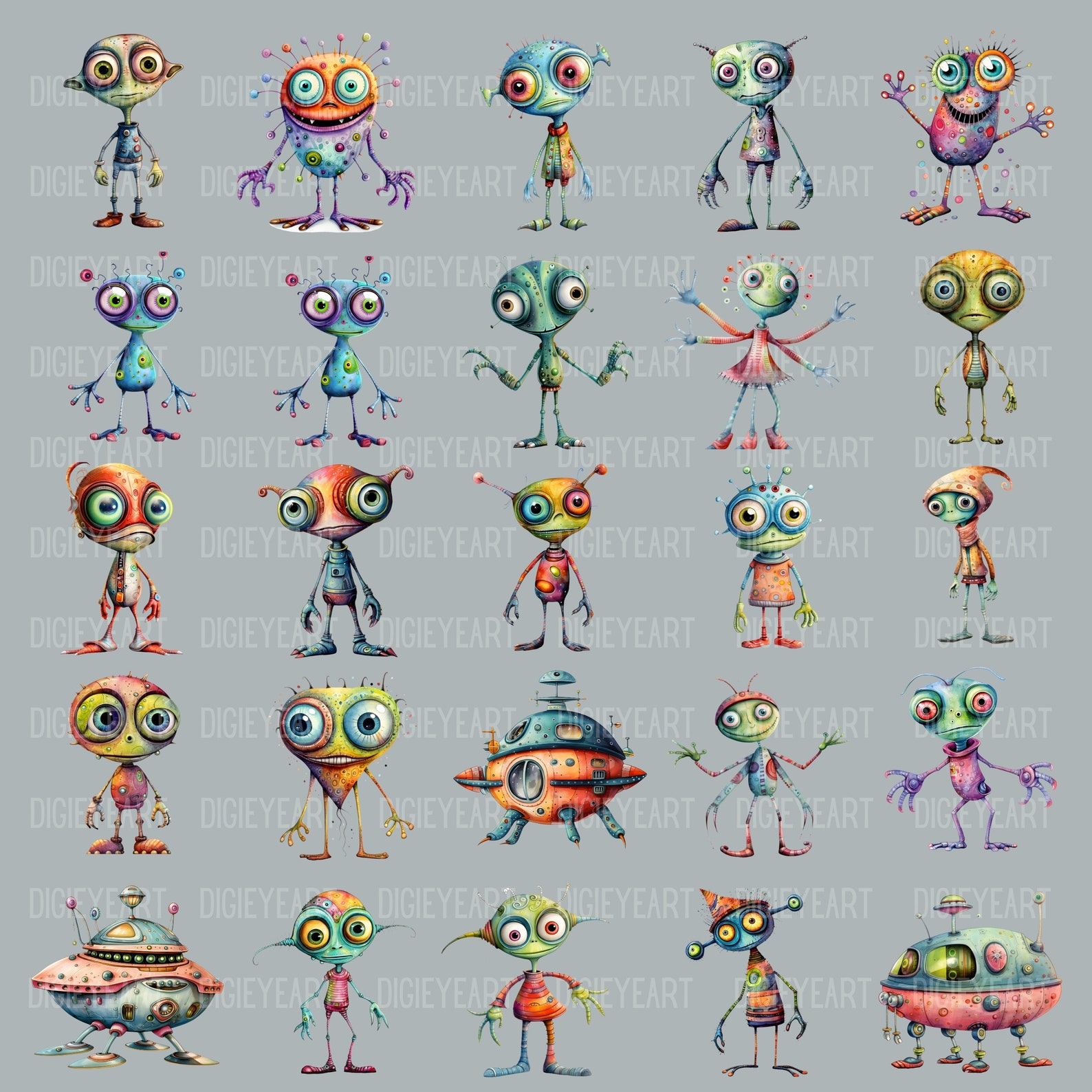 Whimsical Aliens Clipart, Mixed Media Quirky Alien CU Clip Art, Alien ...