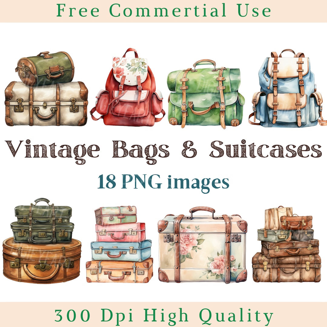 Watercolor Vintage Bags Clipart, Bag Clip Art, Suitcase Png, Vintage ...