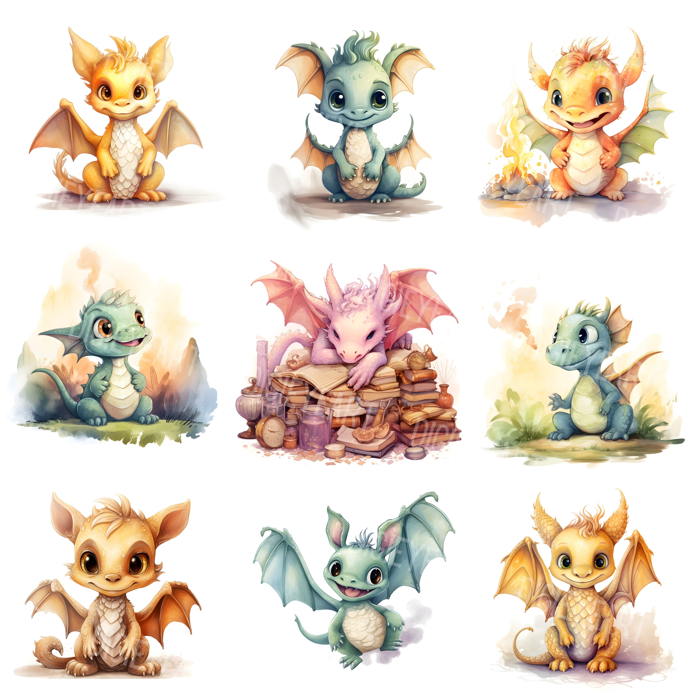 Cute Little Dragon Clipart, Watercolor Dragons Clip Art, Magic Animal ...