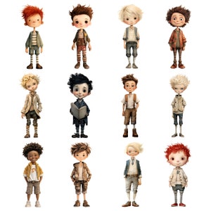 Whimsical Boys Clipart, Mixed Media Quirky Boy CU Clip Art, Cute Kids ...