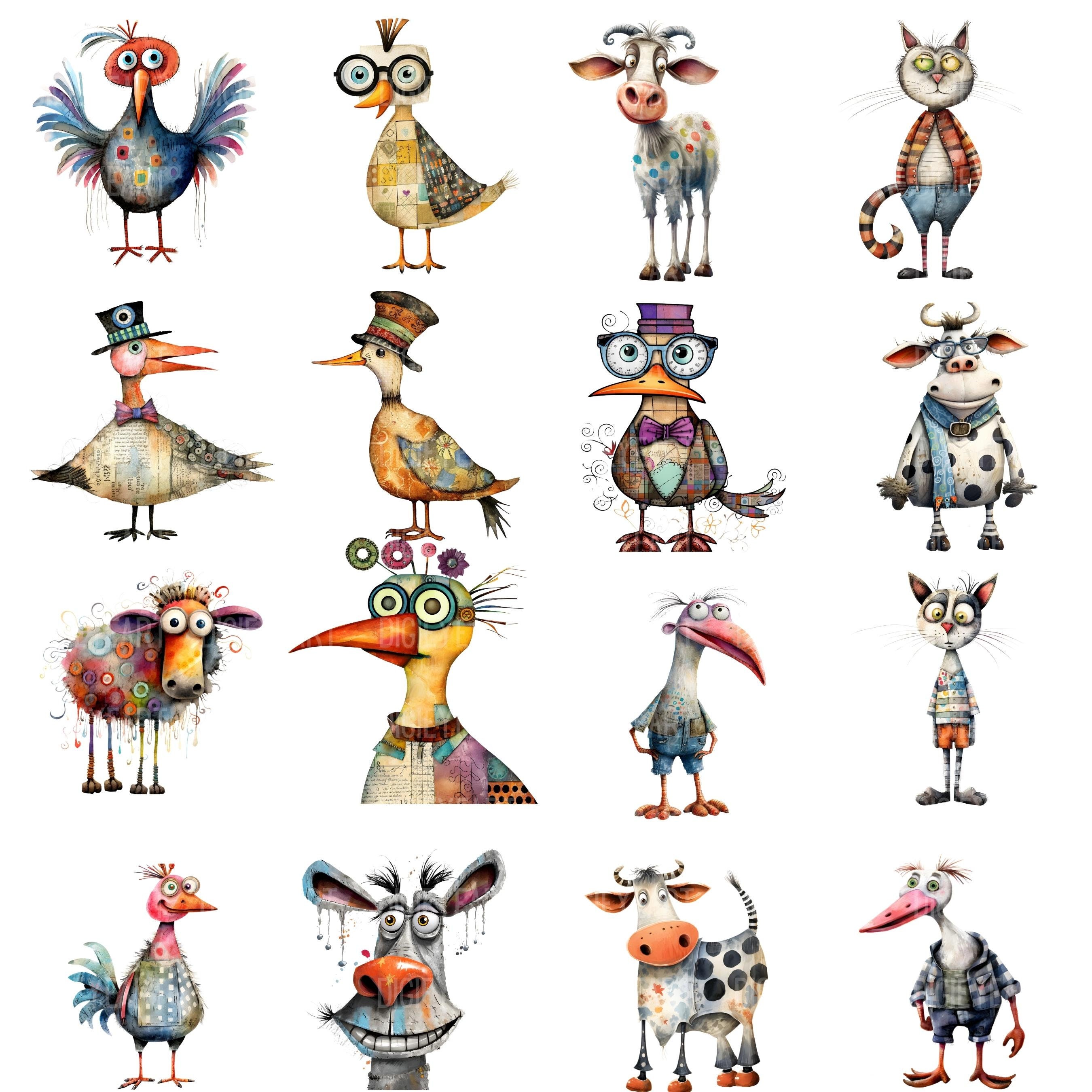 Whimsical Farm Animas Clipart, Mixed Media Quirky Animals CU Clip Art ...