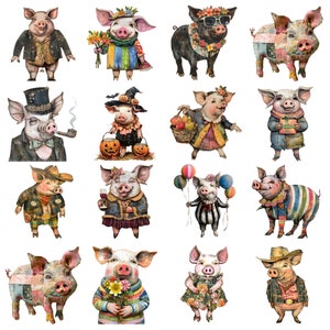 Whimsical Pigs Clipart, Quirky Pig Clip Art, Mixed Media Pig PNG, Junk ...