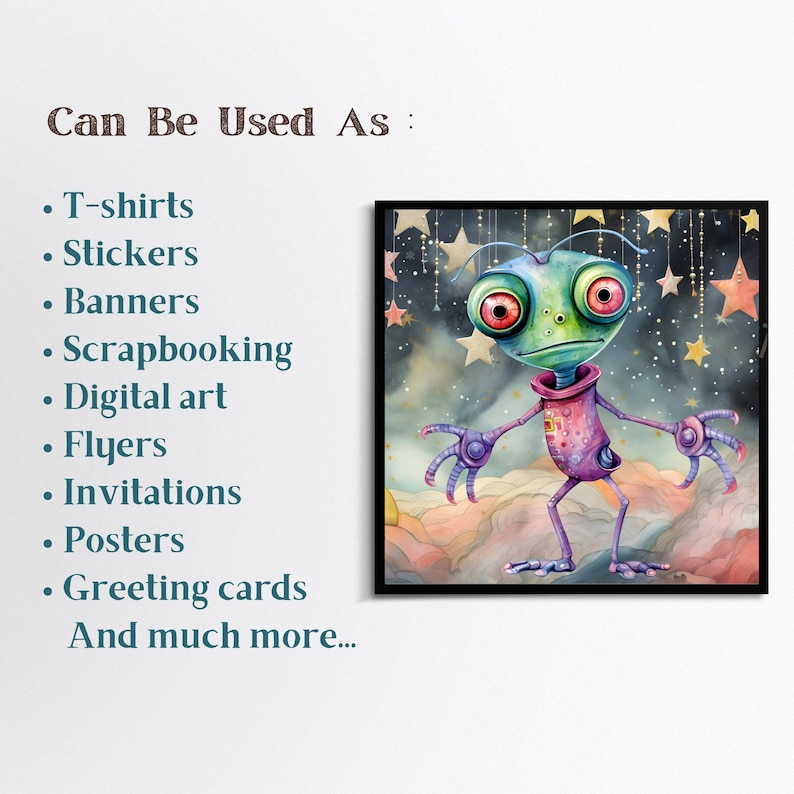 Whimsical Aliens Clipart, Mixed Media Quirky Alien CU Clip Art, Alien ...