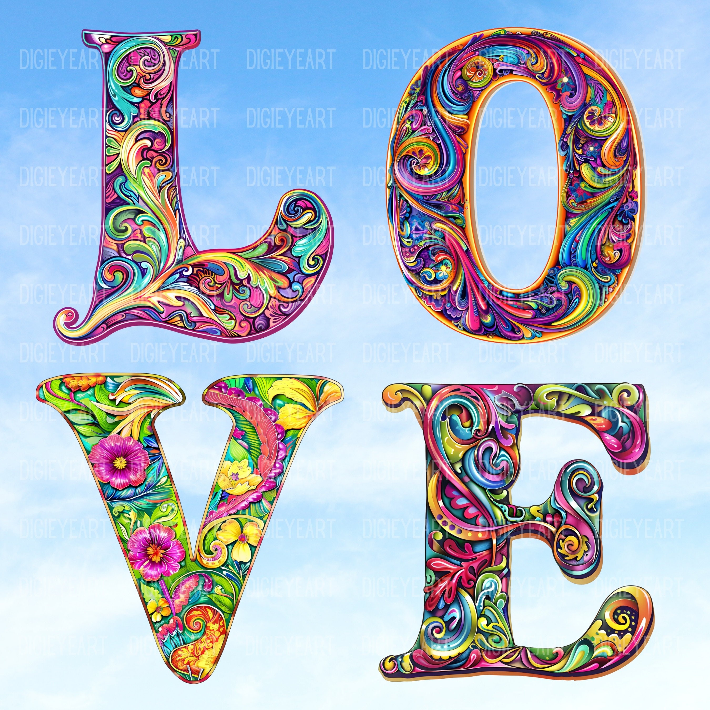 Psyhodelic Alphabet Clipart, Letters CU Clip Art, Vivid Initials PNG ...