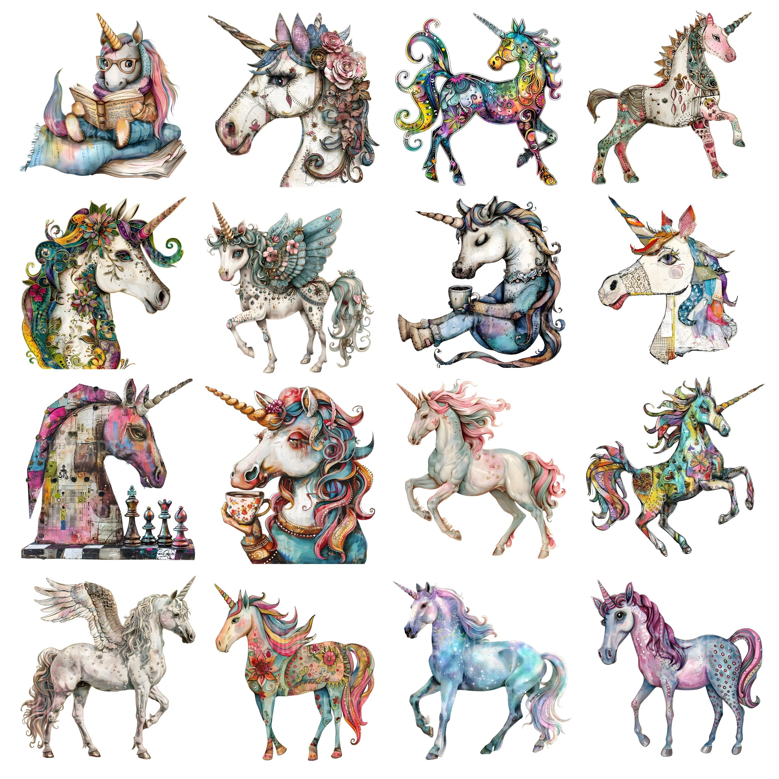 Whimisical Unicorn Clipart, Mixed Media Quirky Unicorn CU Clip Art ...