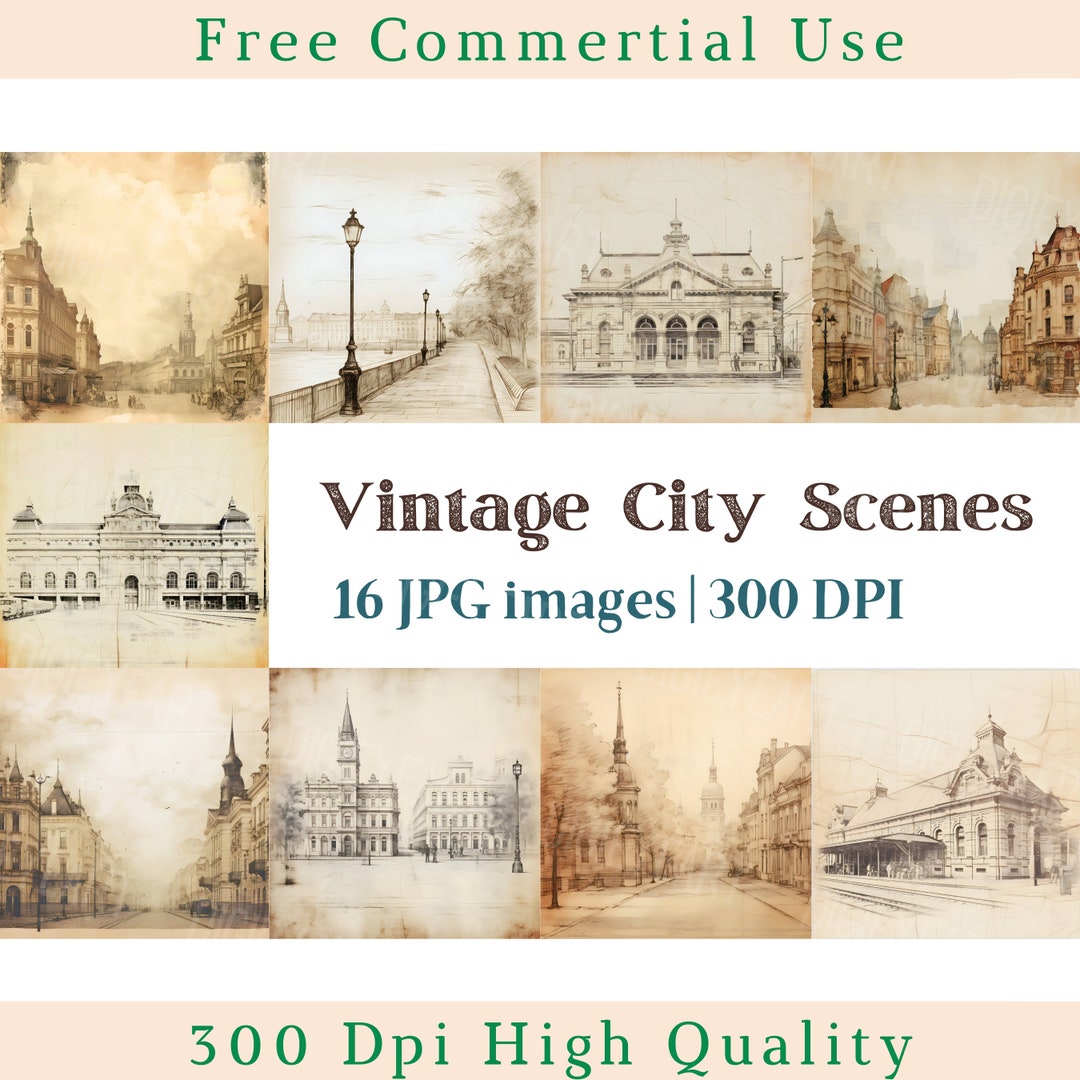 Vintage City Digital Paper, City Streets Clip Art, Retro Card Jpg ...