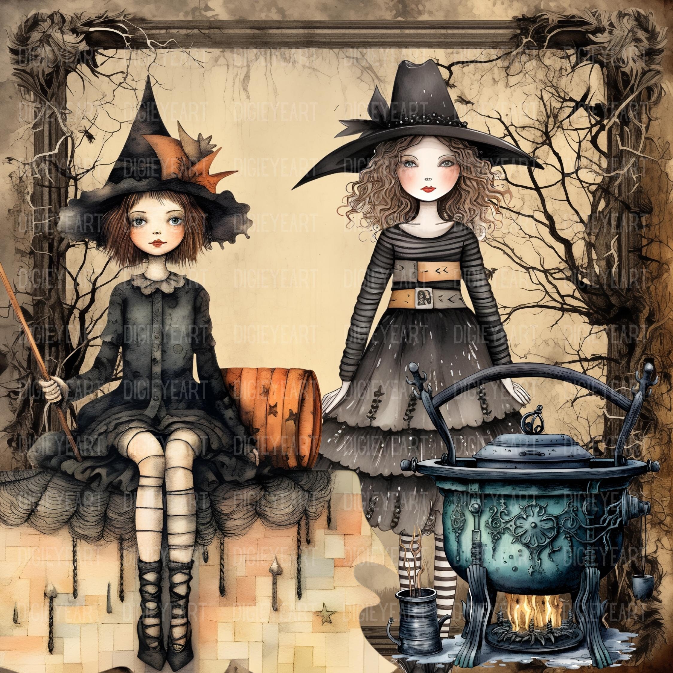 Whimsical Witch Clipart, Halloween CU Clip Art, Mixed Media Quirky ...