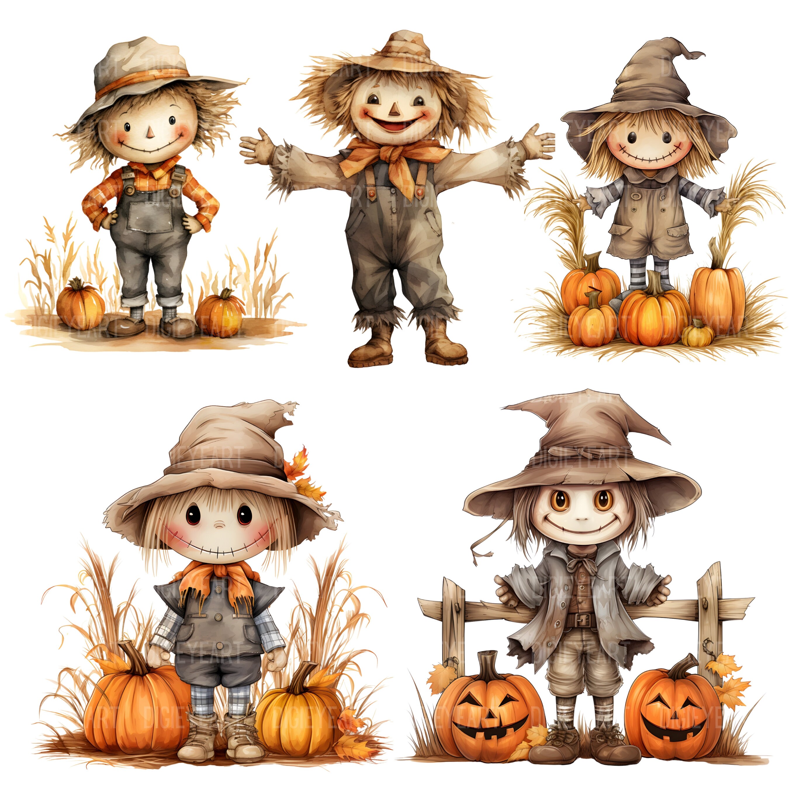 Watercolor Scarecrow Clipart, Pumpkin Clip Art, Cute Scarecrow Image ...