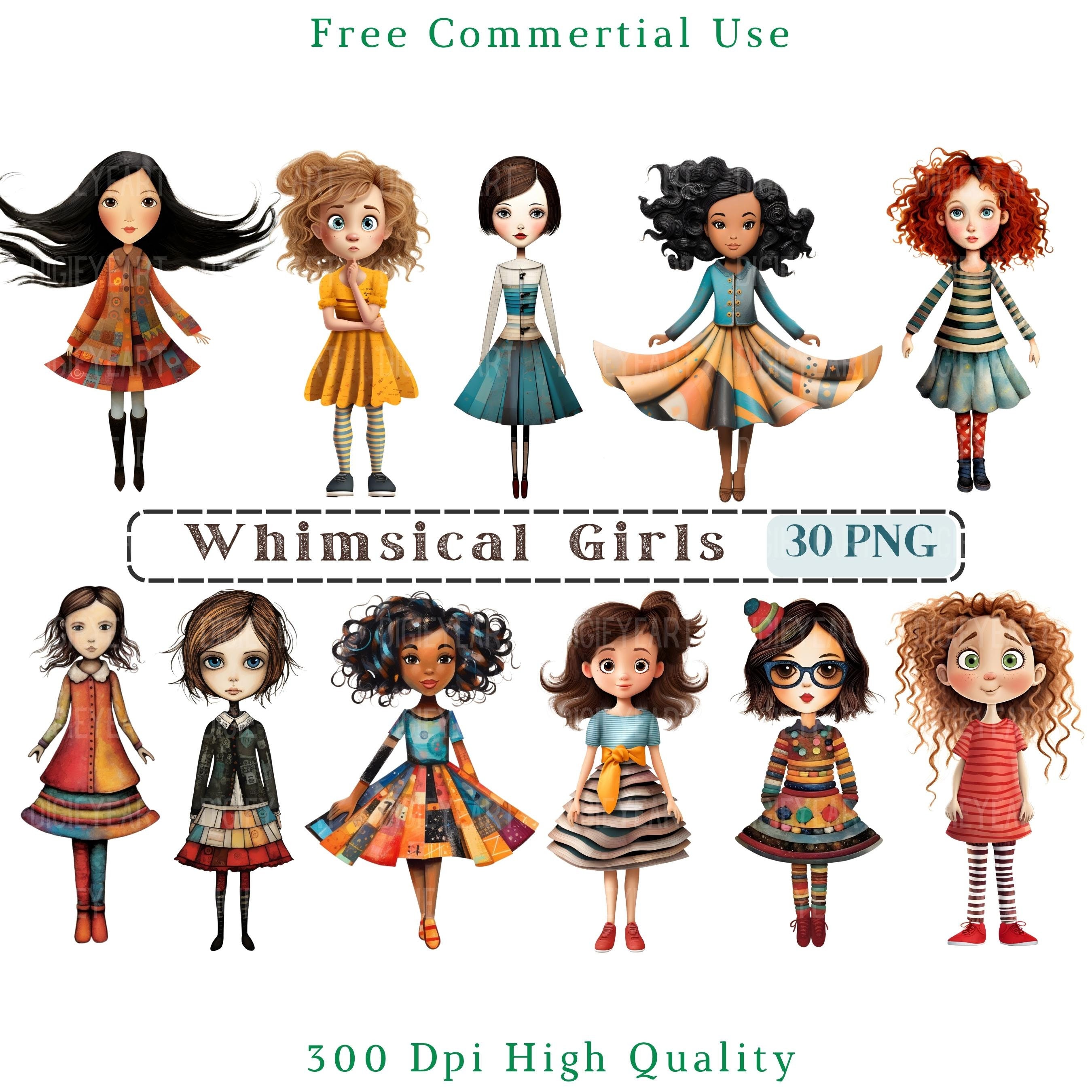 Whimsical Girls Clipart Mixed Media Quirky Girl CU Clip Art - Etsy