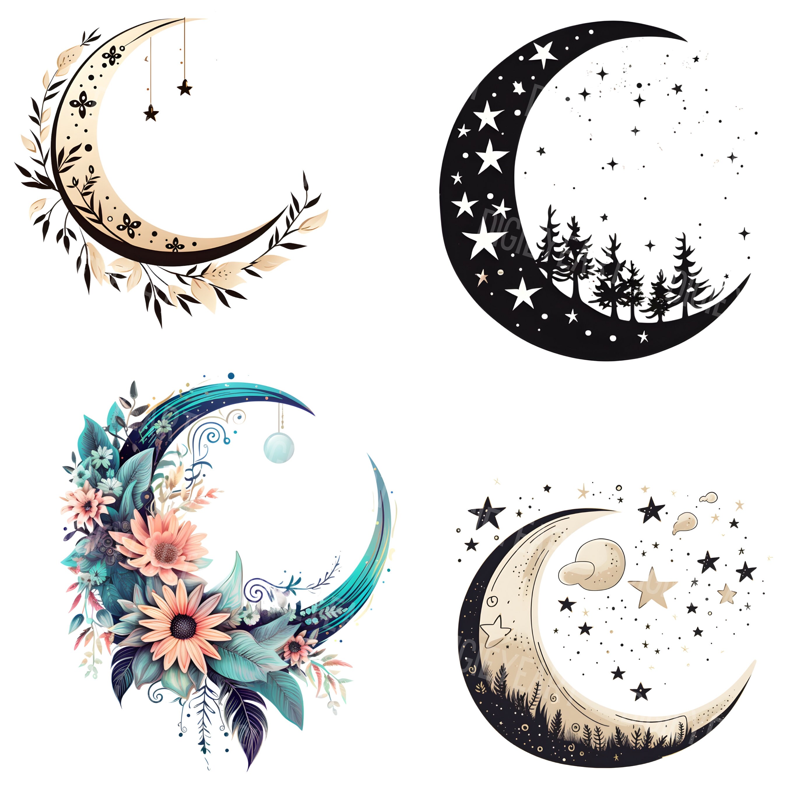 Bohemian Floral Moon Clipart, Boho Moon Clip Art, Floral Moon PNG ...