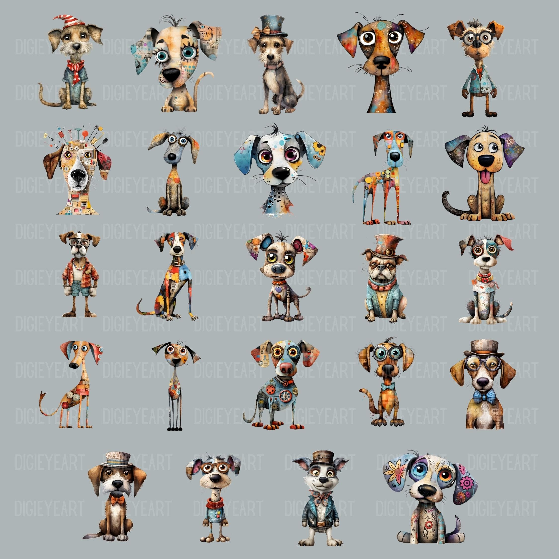 Whimsical Dogs Clipart, Quirky Dog Clip Art, Mixed Media Dog PNG ...