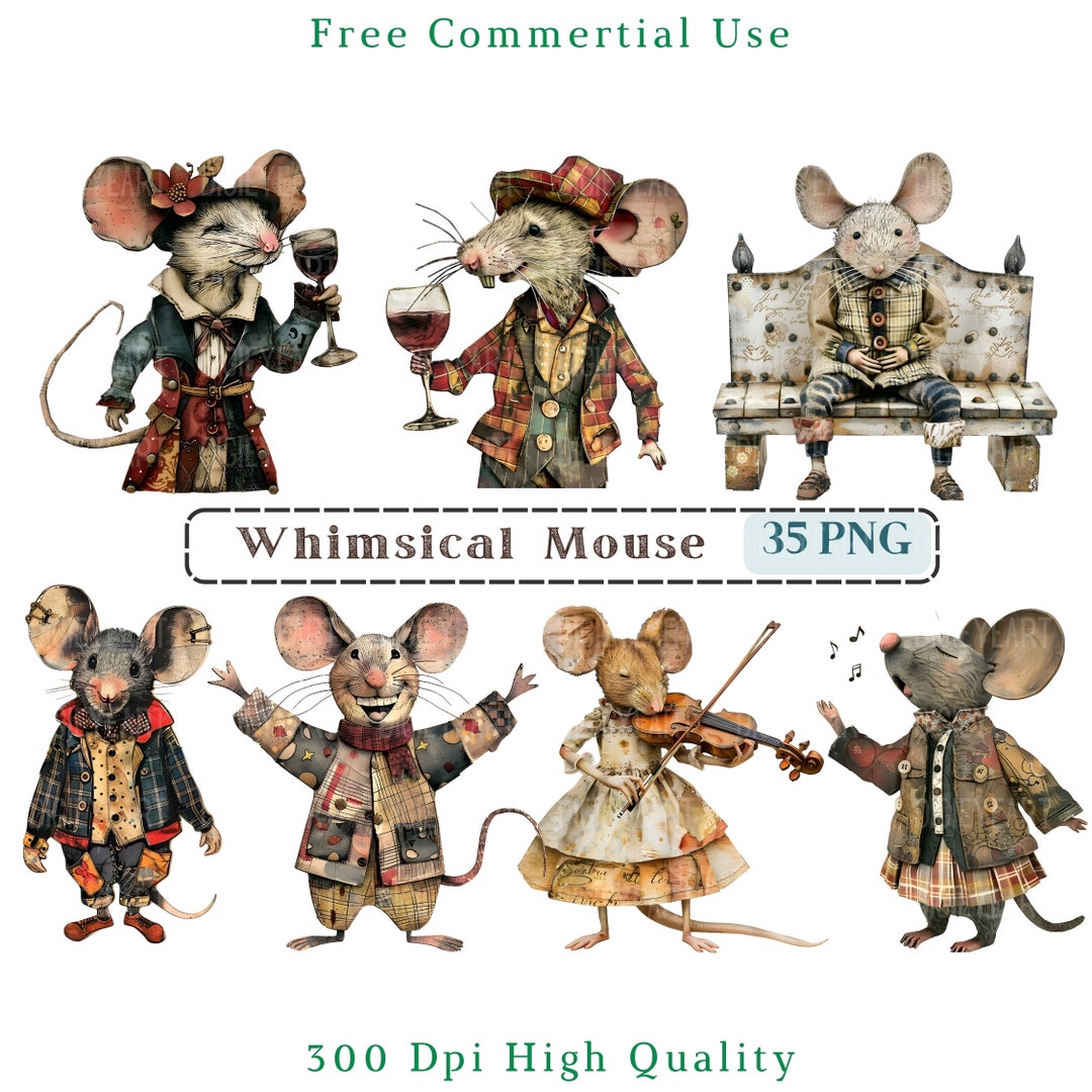 Whimsical Mouse Clipart, Quirky Mice Clip Art, Mixed Media Mouse PNG ...