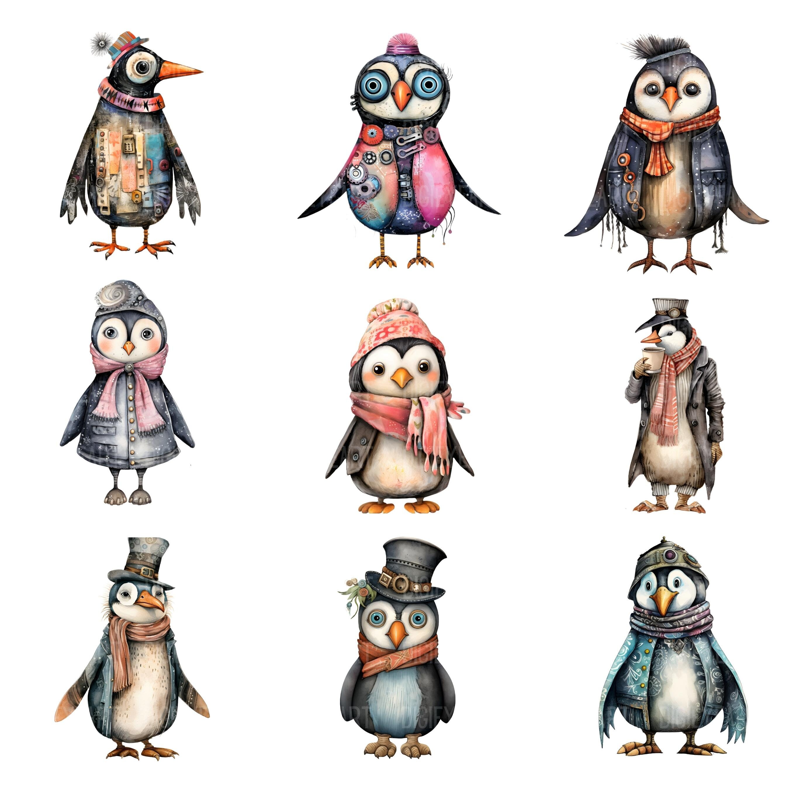 Whimsical Penguin Clipart, Quirky Penguin Bird Clip Art, Mixed Media ...