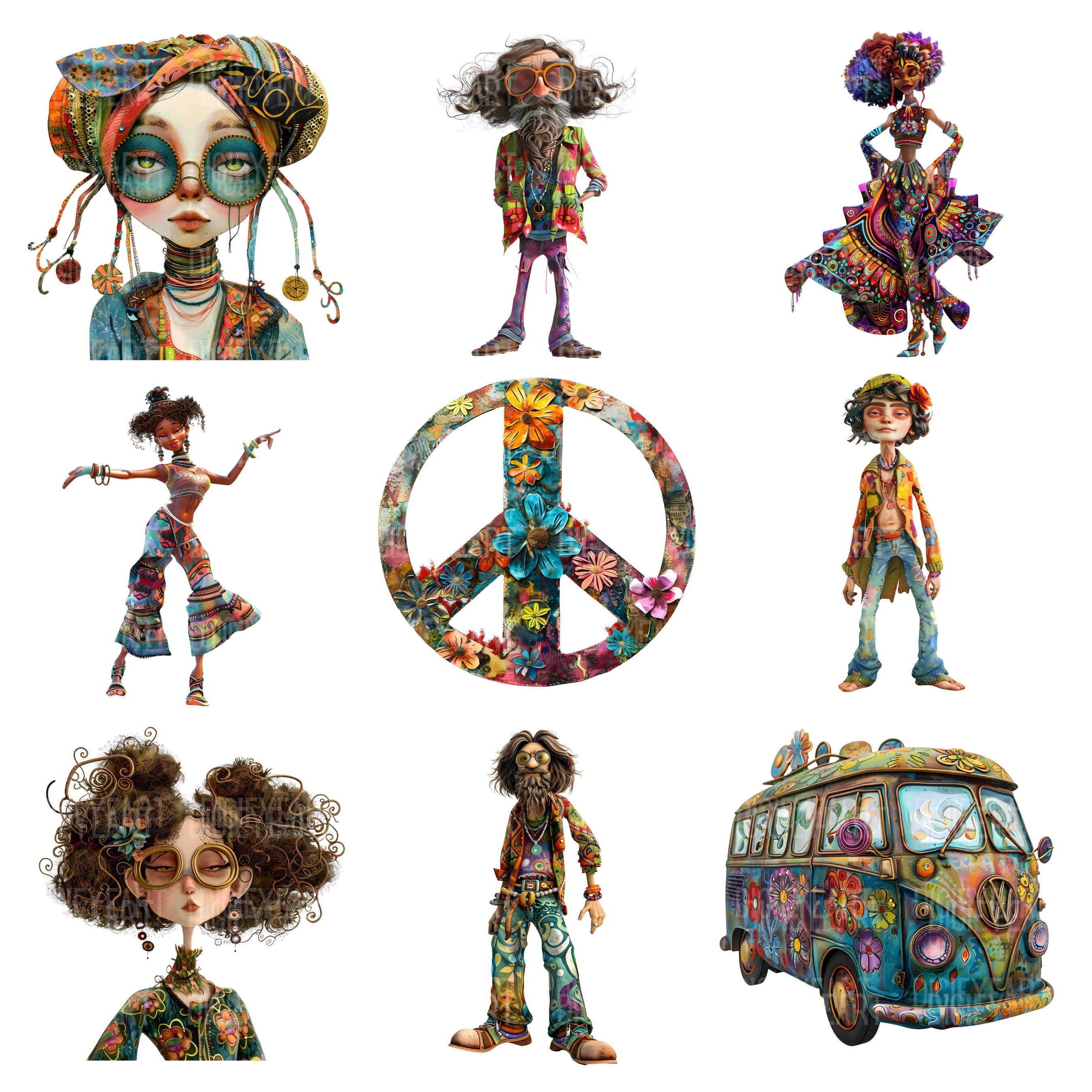 Whimsical Hippies Clipart, Mixed Media Quirky Hippie CU Clip Art, Man ...