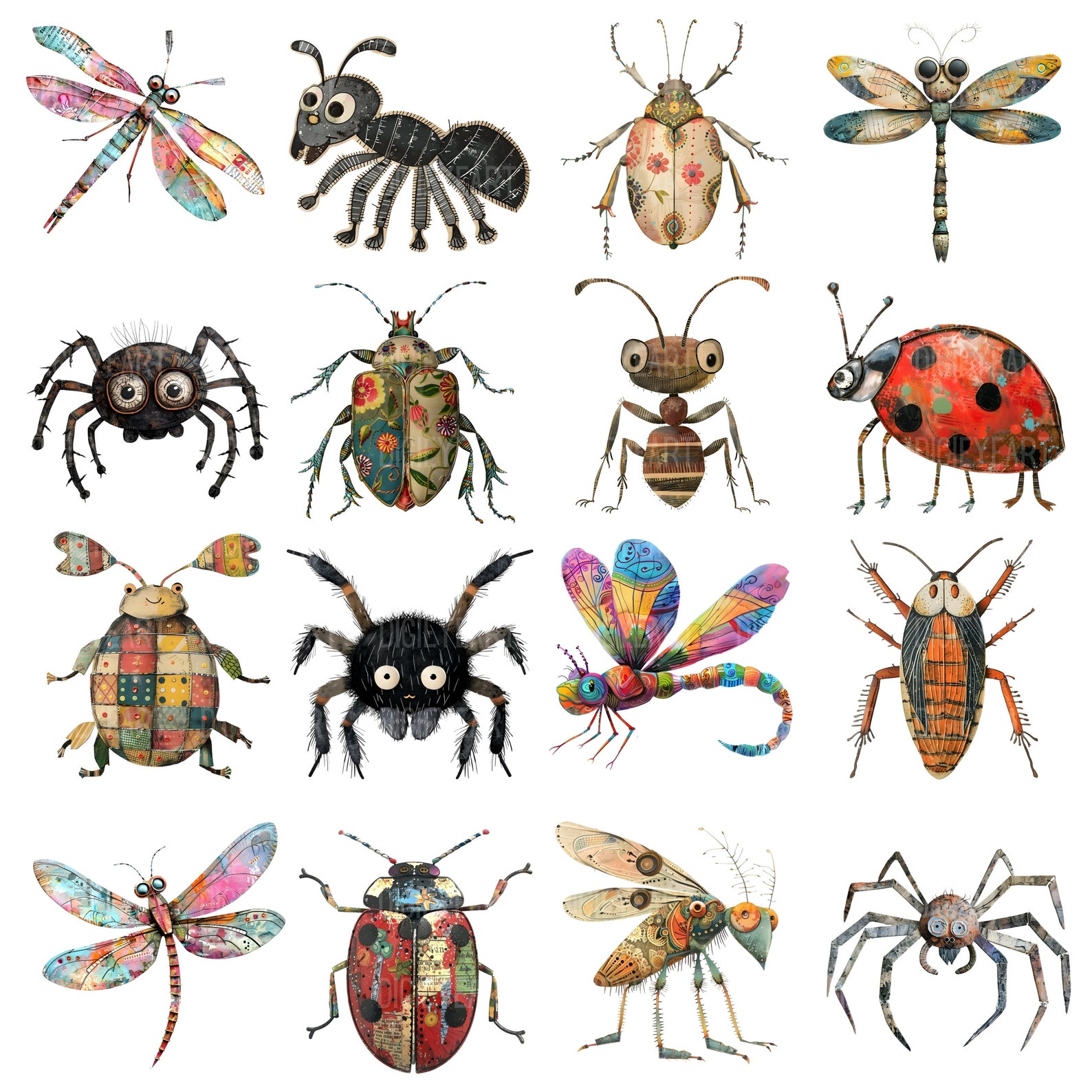 Whimsical Insect Clipart, Mixed Media Quirky Bee CU Clip Art, Ladybug ...