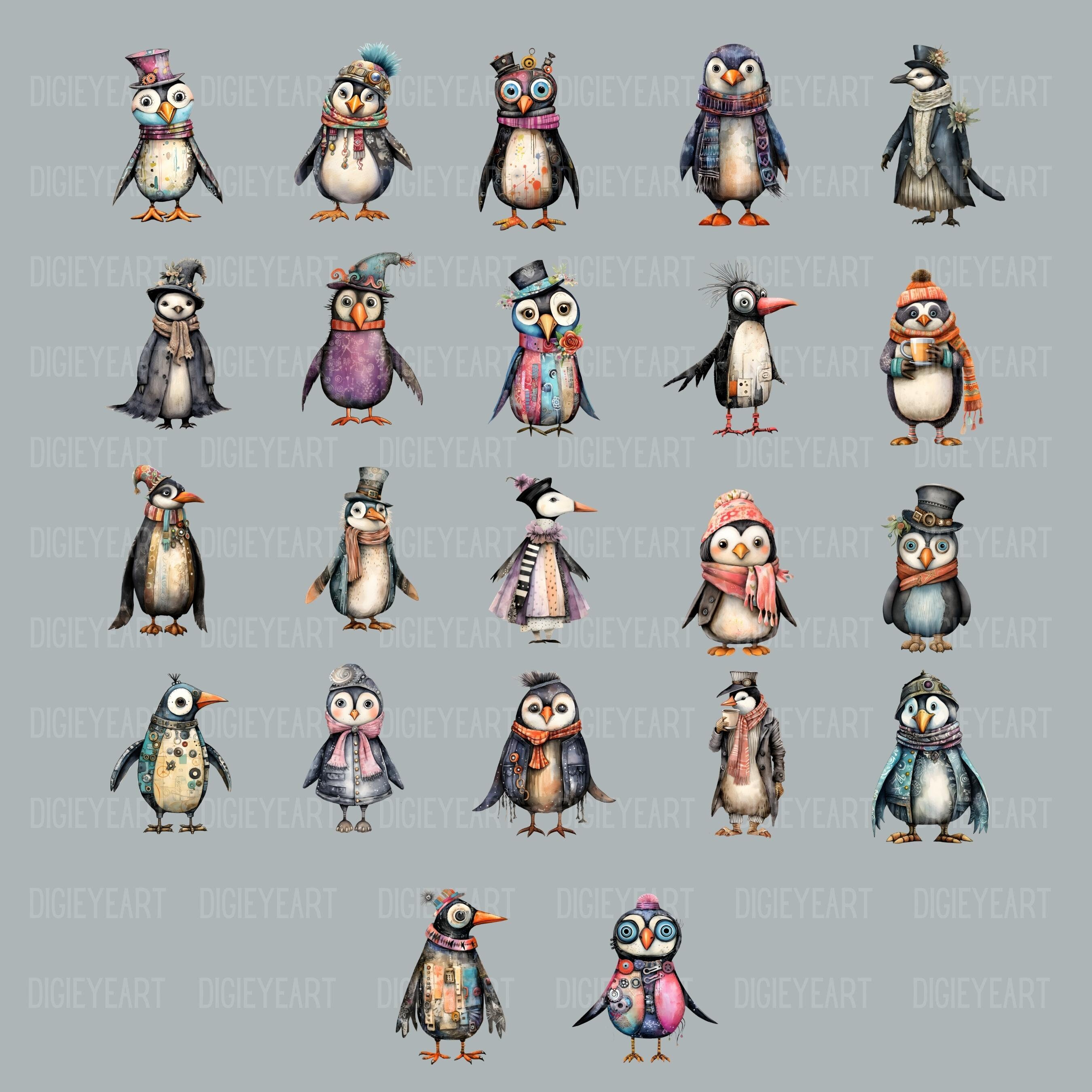 Whimsical Penguin Clipart Quirky Penguin Bird Clip Art Mixed - Etsy