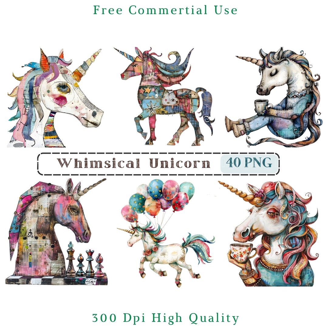 Whimisical Unicorn Clipart, Mixed Media Quirky Unicorn CU Clip Art ...