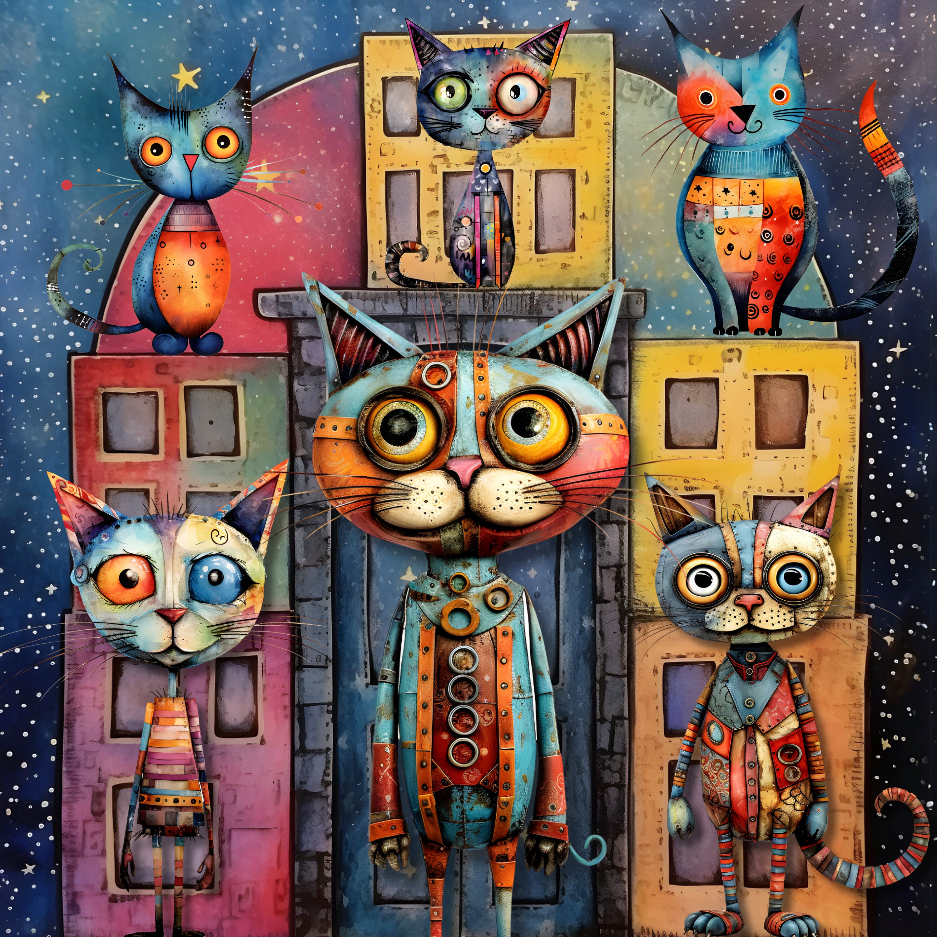 Whimsical Cats Clipart, Quirky Cat Clip Art, Mixed Media Cat PNG ...