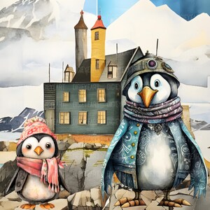 Whimsical Penguin Clipart, Quirky Penguin Bird Clip Art, Mixed Media ...