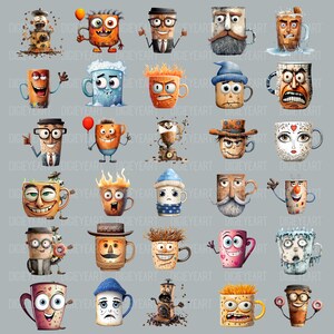 Whimsical Coffee Mugs Clipart, Mixed Media Quirky Coffee Cup CU Clip ...