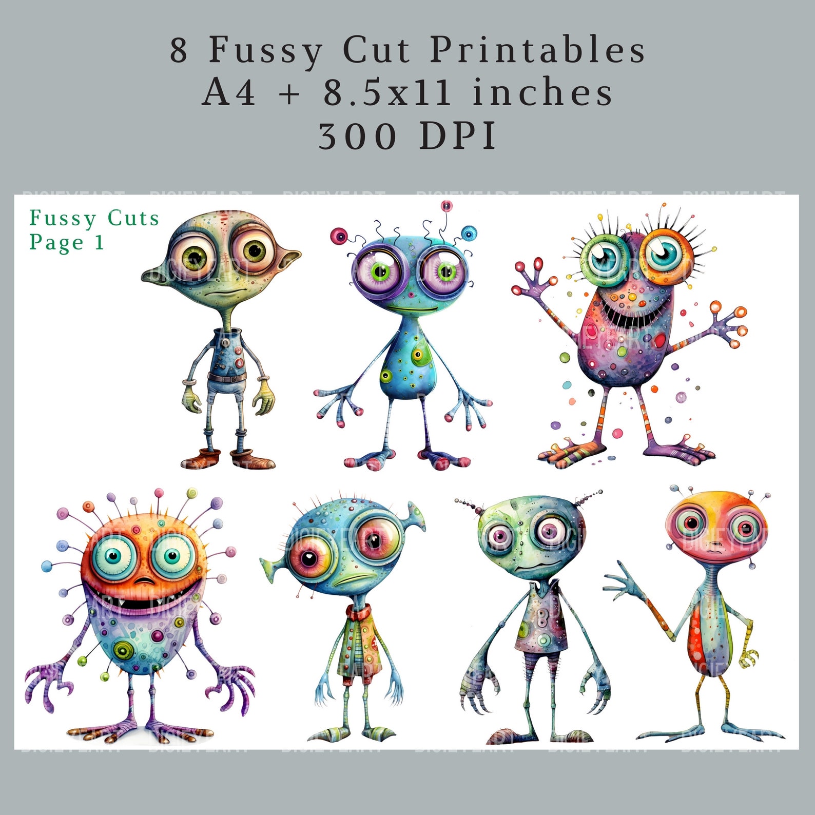 Whimsical Aliens Clipart, Mixed Media Quirky Alien CU Clip Art, Alien ...