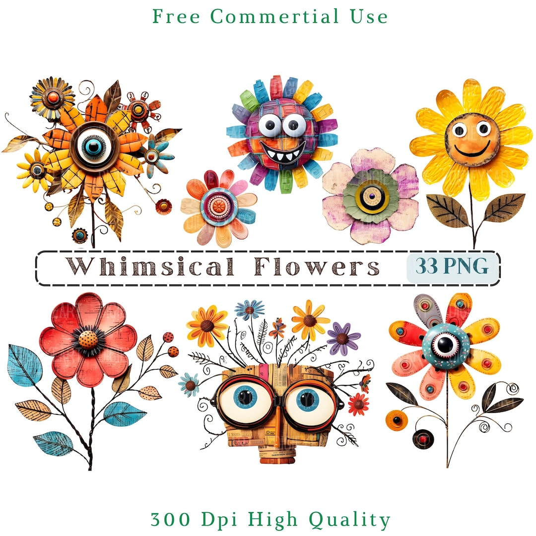 Whimsical Flowers Clipart, Quirky Flower Clip Art, Whimsical Elements ...