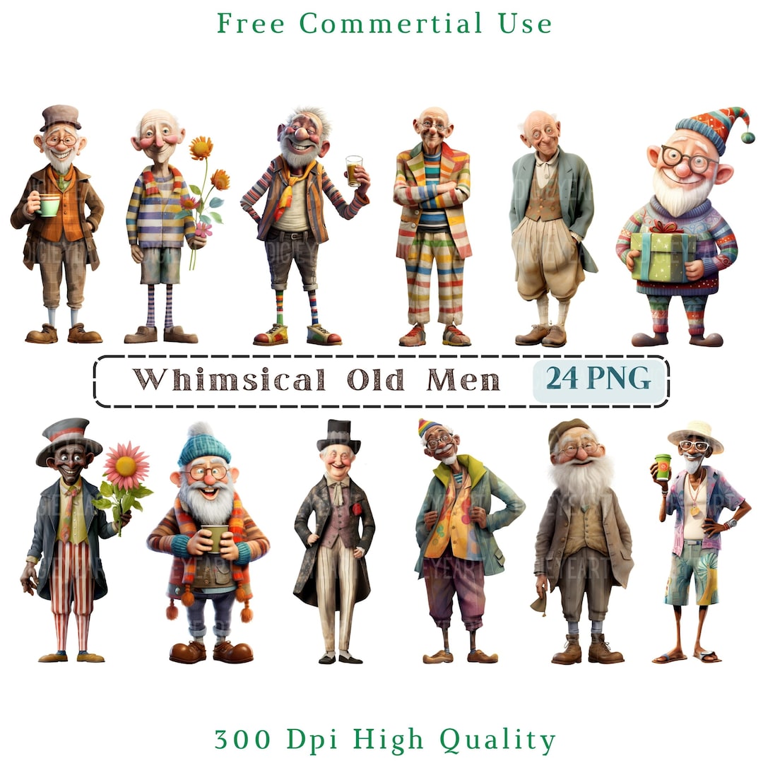Whimsical Old Men Clipart, Mixed Media Quirky Old Man CU Clip Art, Man ...