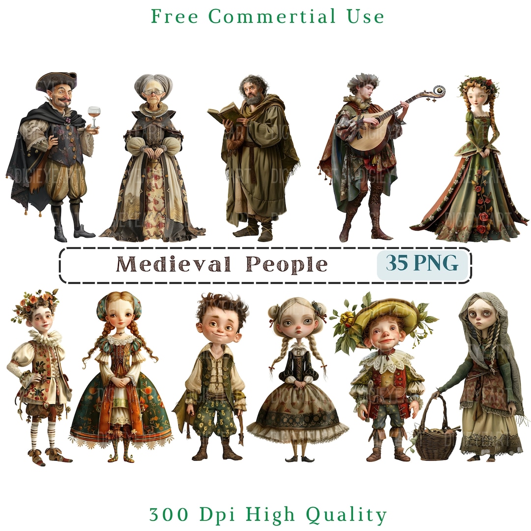 Whimsical Medieval People Clipart, Mixed Media Quirky Woman CU Clip Art ...