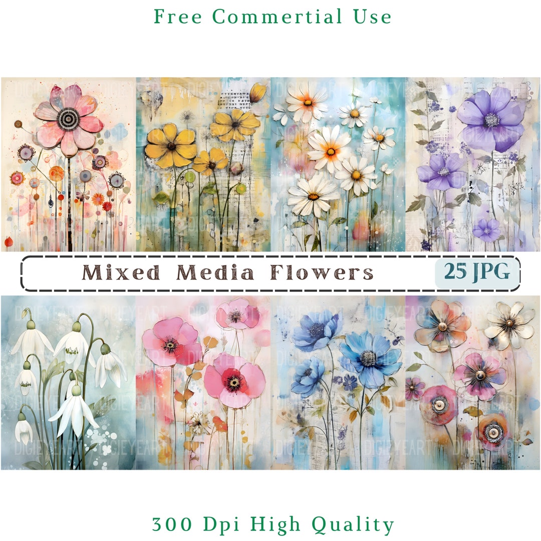 Whimsical Flower Paper, Mixed Media Spring Flowers, Whimsical Backdrop ...