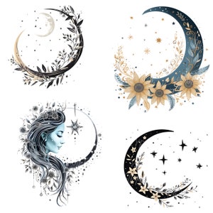 Bohemian Floral Moon Clipart, Boho Moon Clip Art, Floral Moon PNG ...