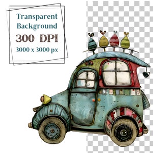 Whimsical Car Clipart, Mixed Media Quirky Car CU Clip Art Png, Tractor ...