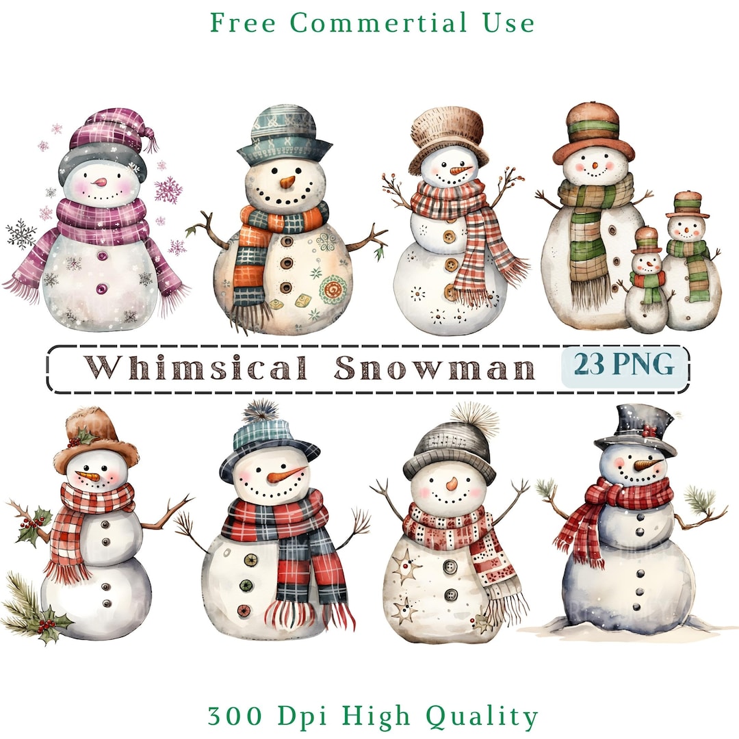 Whimsical Snowman Clipart, Christmas Snowman Face Images, Mixed Media ...