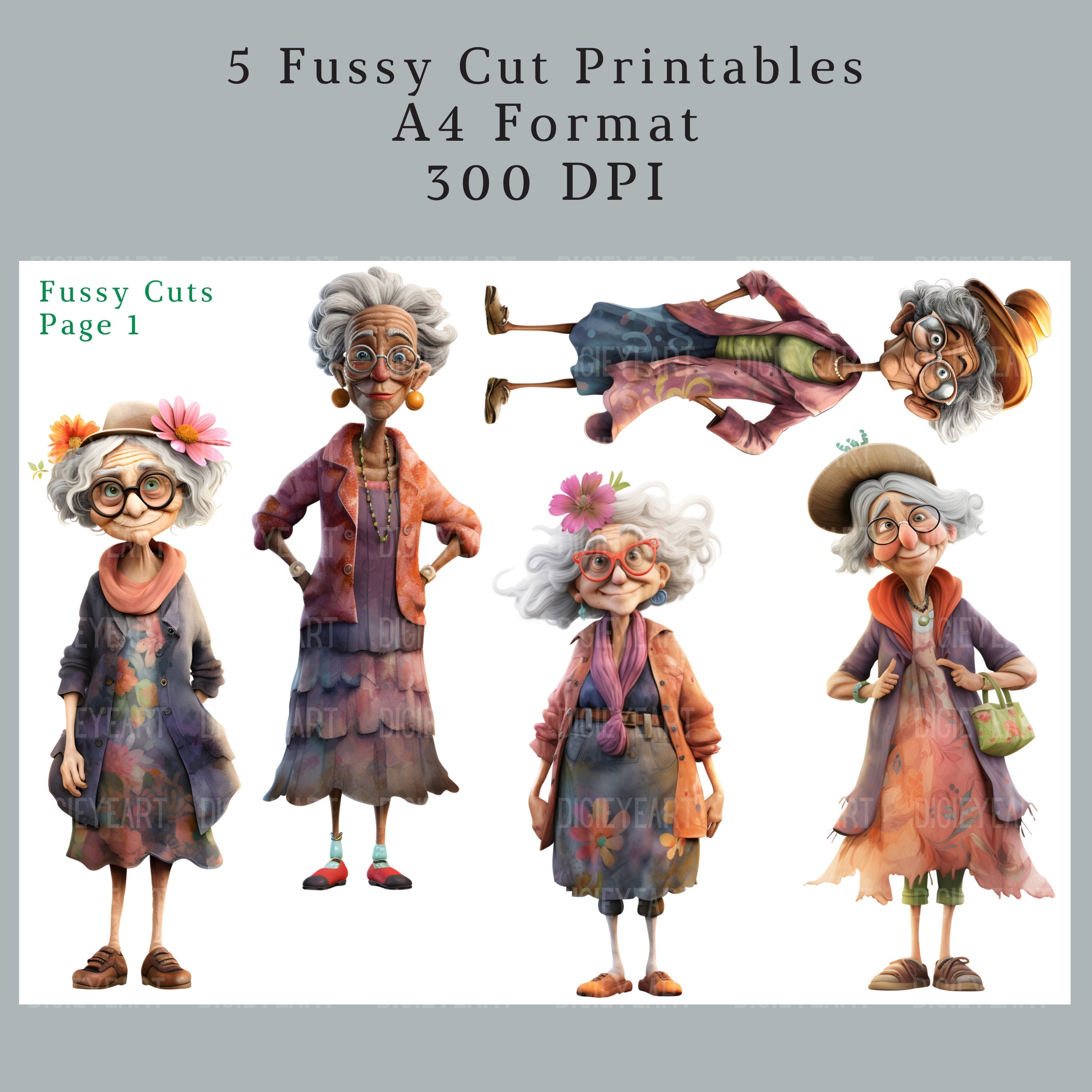 Whimsical Old Lady Clipart, Mixed Media Quirky Woman CU Clip Art, Old ...