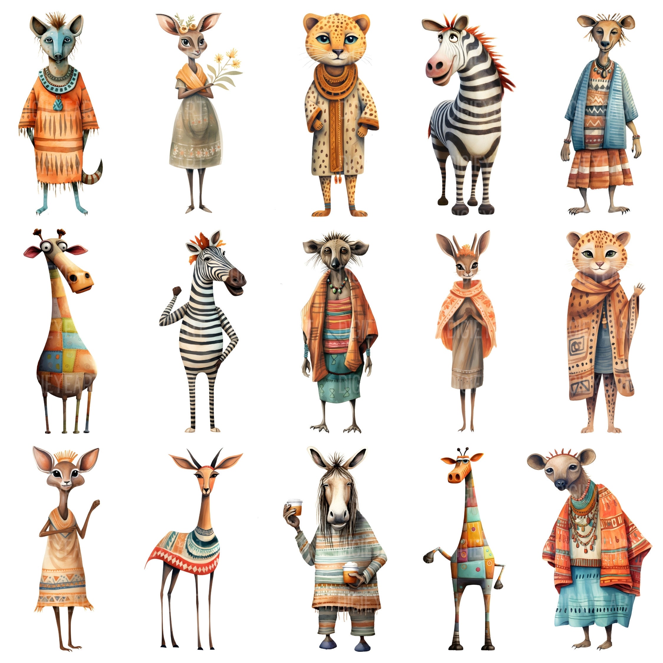 Whimsical African Animas Clipart, Mixed Media Quirky Animals CU Clip ...