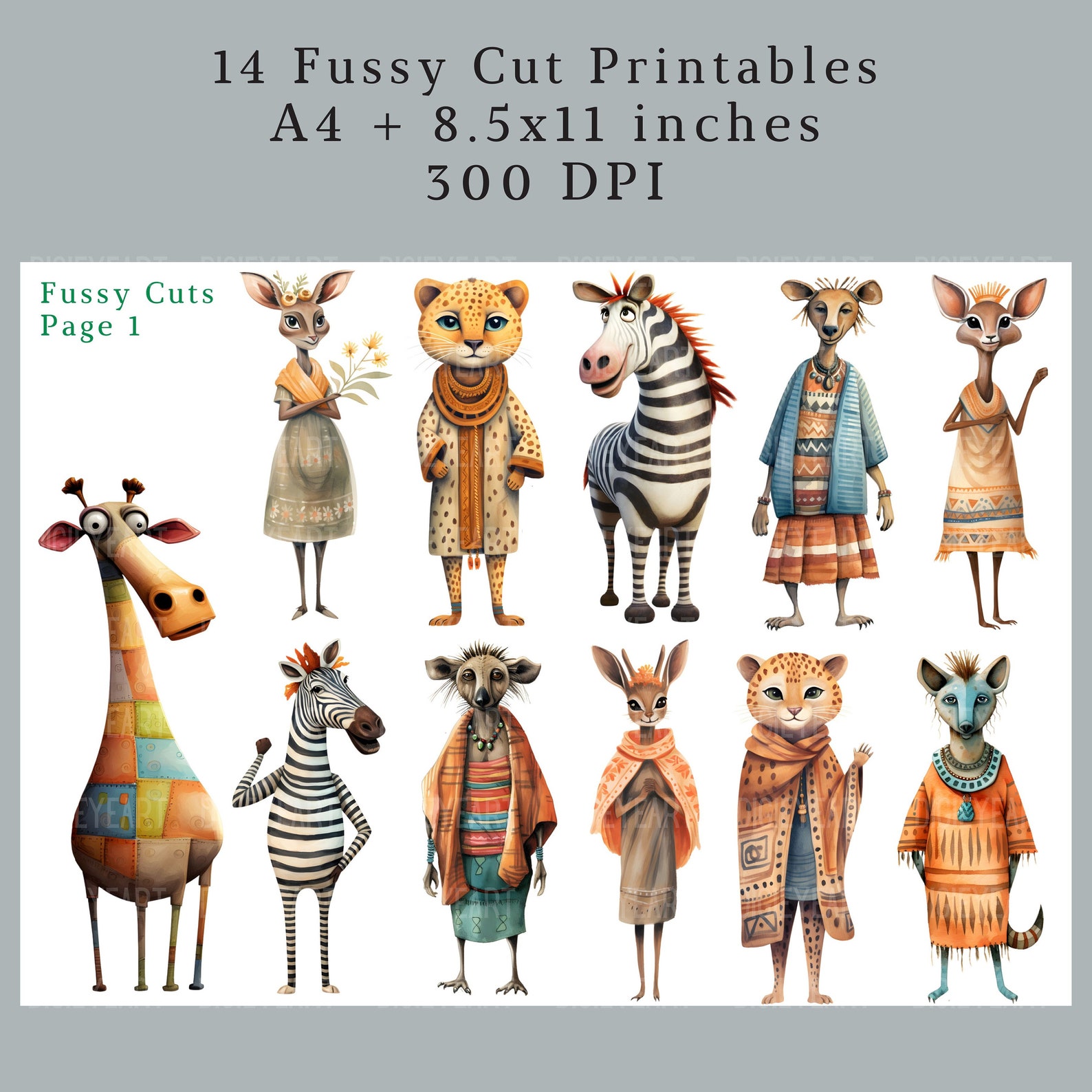 Whimsical African Animas Clipart, Mixed Media Quirky Animals CU Clip ...