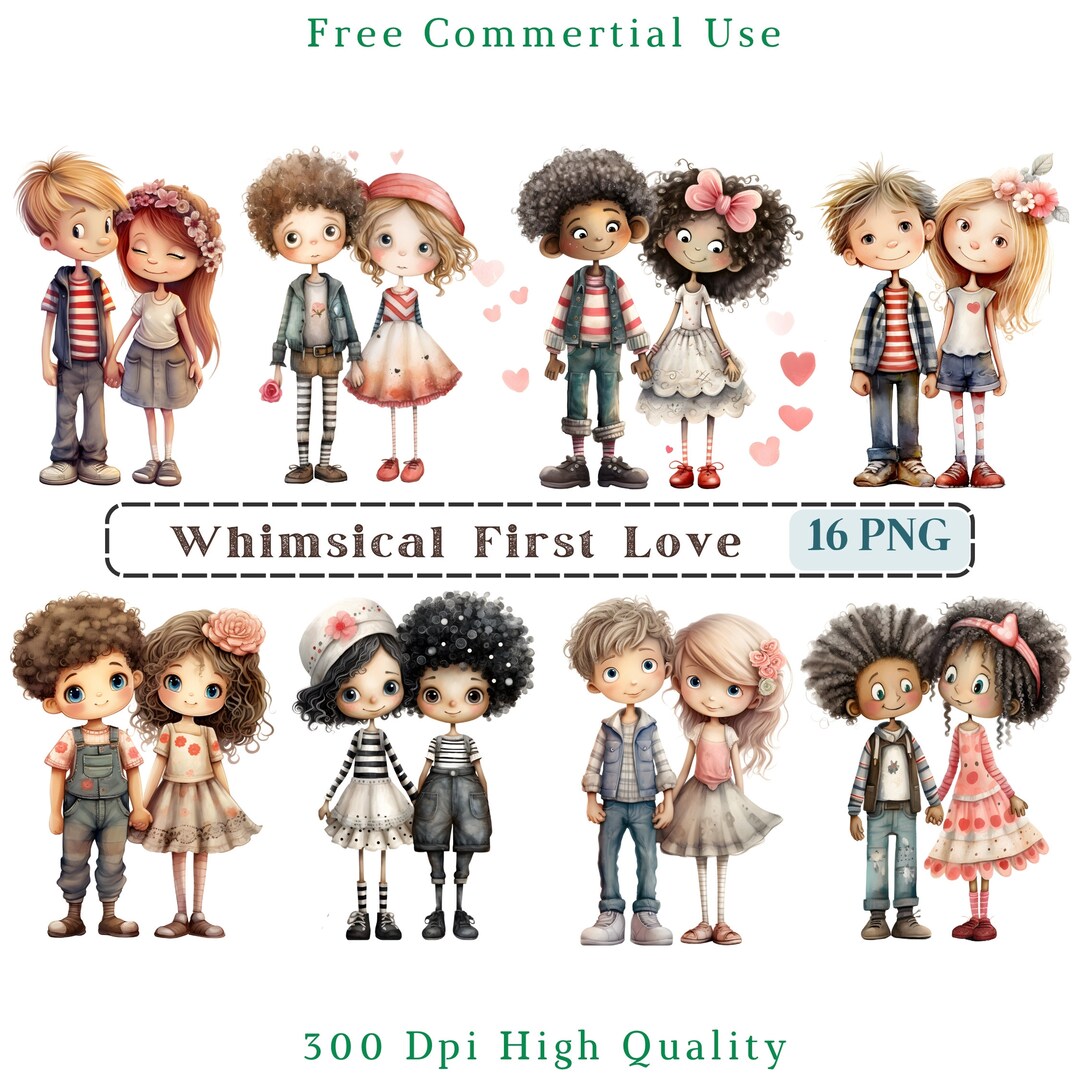 Whimsical First Love Clipart, Mixed Media Quirky Children CU Clip Art ...