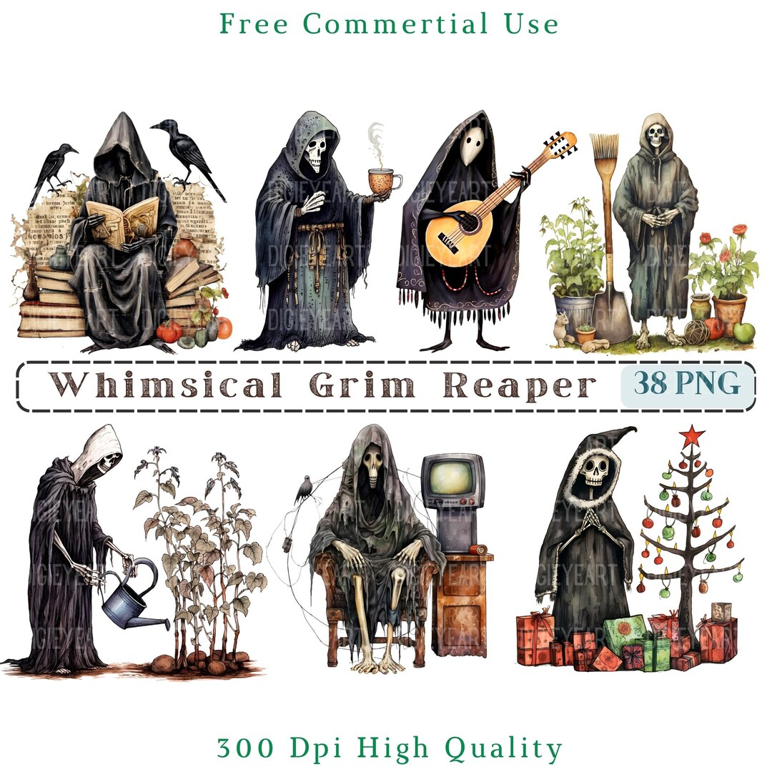 Whimsical Grim Reaper Clipart, Halloween CU Clip Art, Mixed Media ...