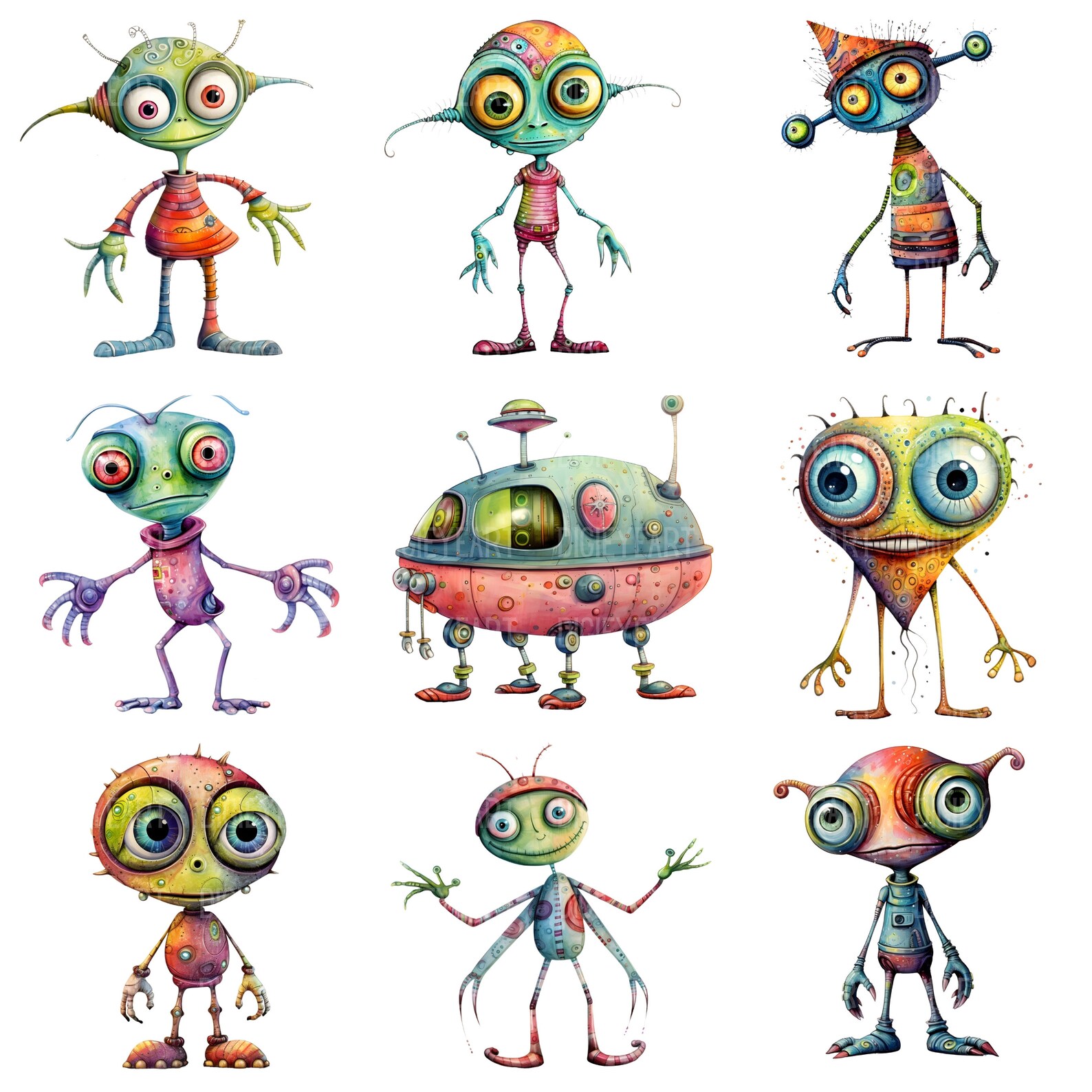 Whimsical Aliens Clipart, Mixed Media Quirky Alien CU Clip Art, Alien ...