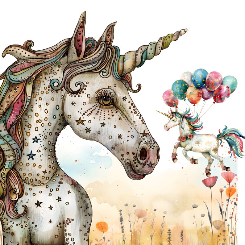 Whimisical Unicorn Clipart, Mixed Media Quirky Unicorn CU Clip Art ...