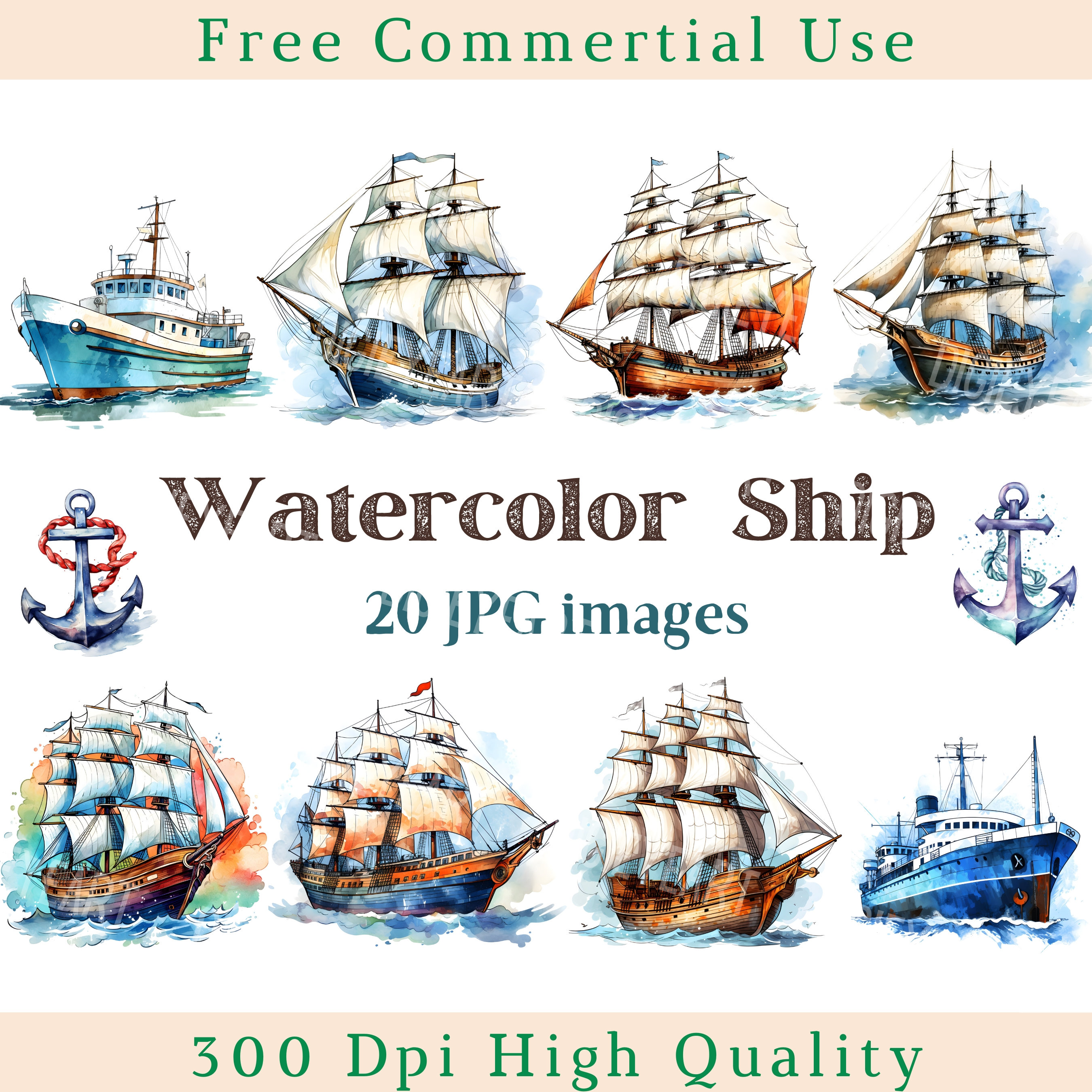Watercolor Ship Clipart, Old Times Ship Clip Art, Vessel Jpg, Retro ...