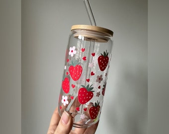 Strawberry Glass Cup Strawberry Glass Tumbler 16oz Glass Can With Lid ...