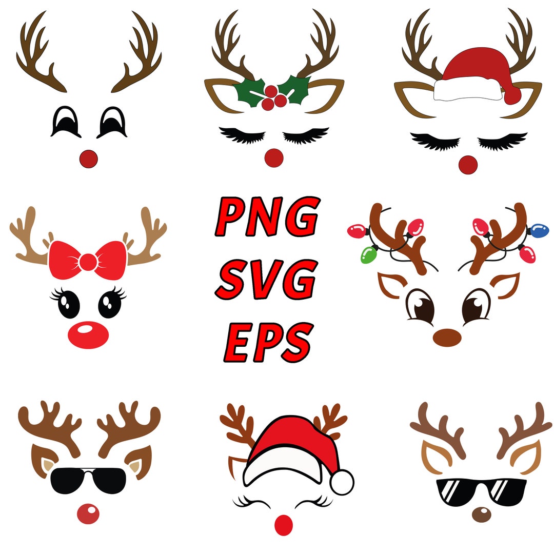 Christmas Reindeer Faces SVG PNG Bundle, Girl Reindeer SVG, Boy ...