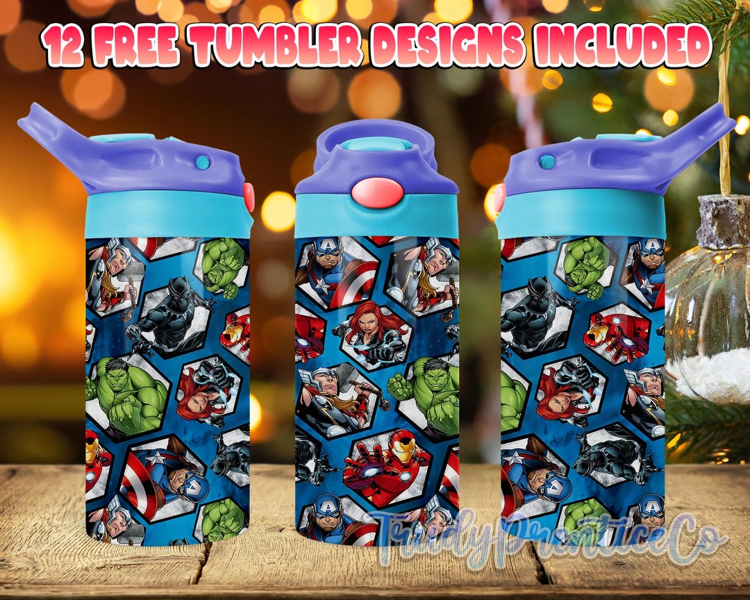Supperhero Characters 12oz Kids Flip Top Sippy Cup Tumbler Wrap PNG ...