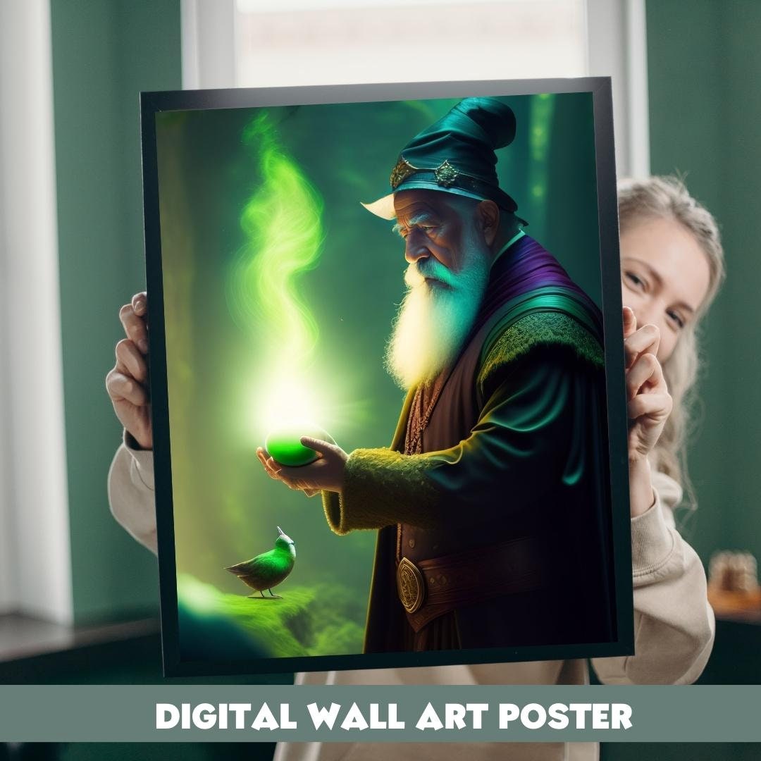 AI Dark Old Wizard Throwing Green Spells to a Squelet Digital - Etsy